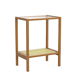 Bamworld Rattan Side Table Living Room Glasstop Night Stand Boho End Table 2-Tier with Storage Mid Century Modern Bedside Table for Small Spaces Narrow Coffee Table Bamboo