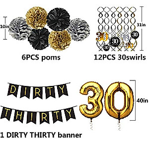 Dirty Thirty Banner with Pom Poms 30th Glittery Hanging Streamers 30 Years Old Balloons for 30th Happy Birthday Party Decorations Pack