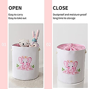 INough Extra Large Hamper for Baby Girl,Elephant Baby Hamper for Nursery, 58L Pink Laundry Basket Gift Bags for Girls Canvas Toy Storage Basket for Play Room Kids Room College Dorms Bedroom