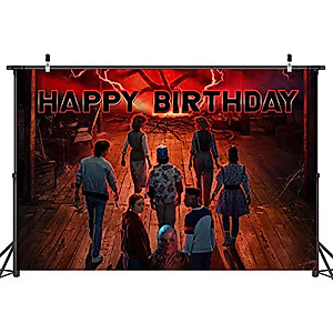 Stranger Happy Birthday Backdrop Banner, 5x3FT Stranger Party Supplies Movie Themd Birthday Party Decorations Party Supplies For Kids Boys Girls Party