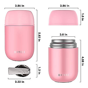 Insulated Food Jar WayEee Vacuum Bento Box Lunch Containers 16 oz for Kids Adults, Stainless Steel Leak Proof Wide Mouth Food Soup Thermos with Spoon Keeps Food Hot Cold for School Travel Picnic -Pink