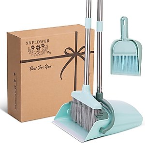 XXFLOWER Broom and Dustpan Set for Home, Broom and Dustpan Set with Long Handle 55", Broom with Dustpan Combo Set, Standing Broom and Dust Pan Set for Kitchen Office Lobby Floor, Bluish Green