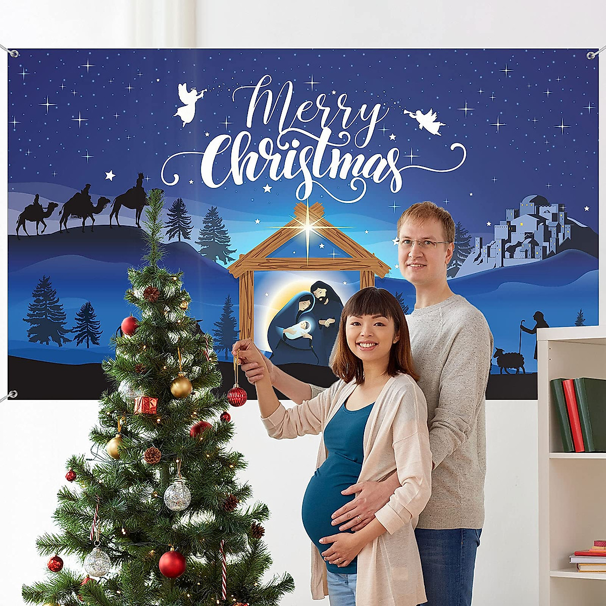 Nativity Banner Merry Christmas Nativity Barn Birth of Jesus Nativity Backdrop Scene Blue Large Holy Nativity Backdrop Religious Xmas Photography Booth Prop Banner for Christmas Party 72.8 x 43.3 Inch