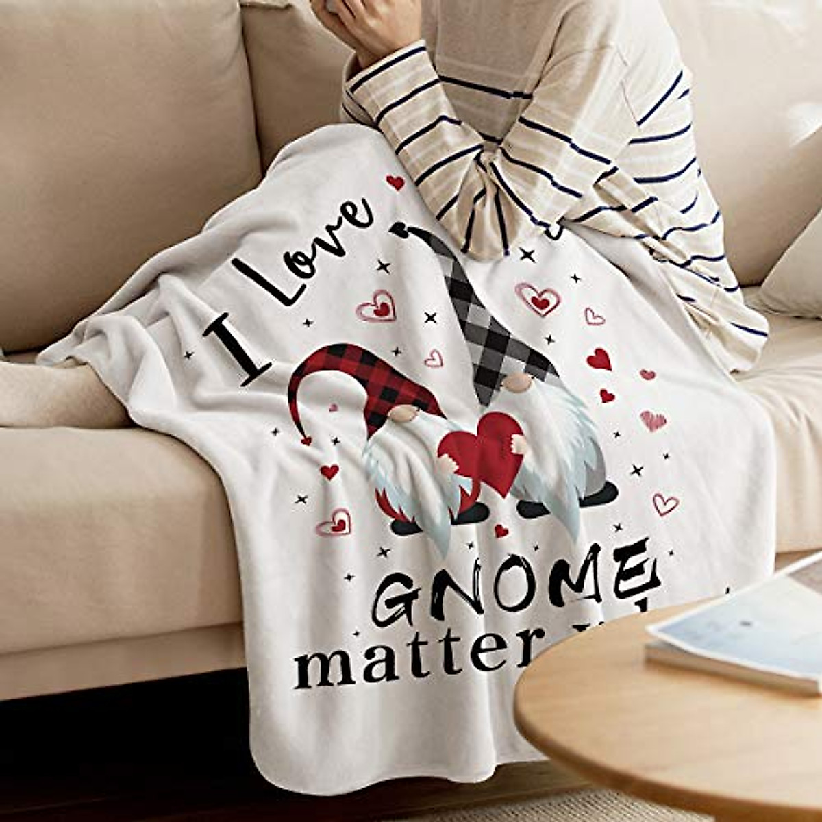 Flannel Throw Blanket-I Love You Gnome Matter What Valentine's Day Celebration White Print,60x80IN Fuzzy Plush Microfiber Ultra Soft Bedding Blankets for Sofa/Chair/Home Decor