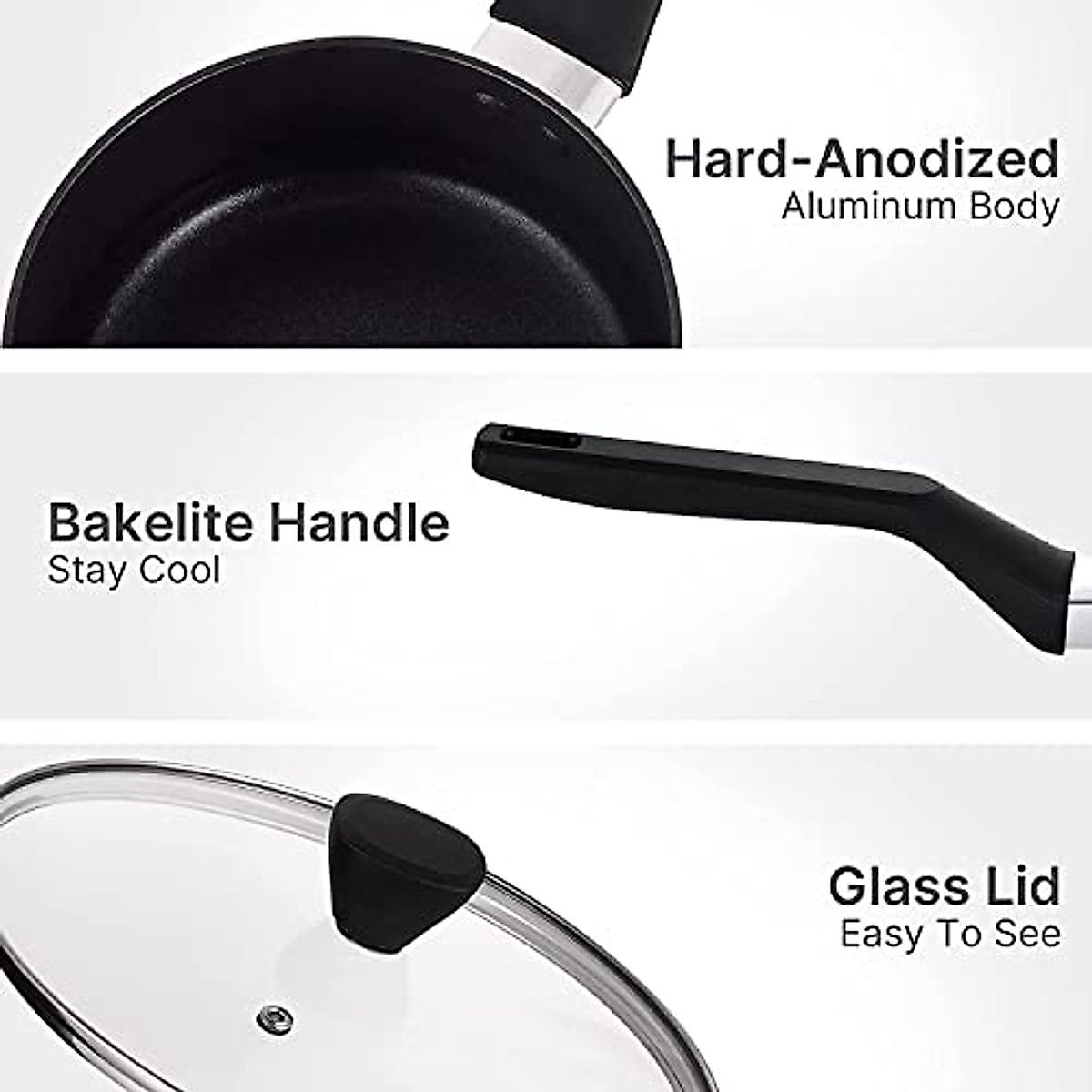 1.5 Quart Nonstick Sauce Pan Hard-Anodized Aluminum with Lid and Cool Touch Handles, Black