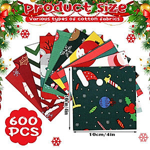 Kinlop 600 Pcs 4 x 4 in Christmas Fabric Bundles Christmas Fat Quarters Cotton Sewing Fabric Christmas Precut Fabric for Quilting Santa Snowflake Printed Fabric Scraps Bulk for Patchwork DIY Craft