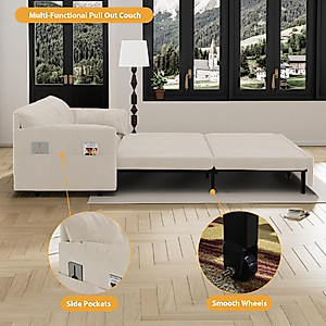 ONEMMLION 63.8" Queen Pull Out Couch Sofa Bed, 3 in 1 Convertible Sleeper Sofa with Side Storage, Velvet Loveseat Futon Comfy Cloud Couches for Living Room, Apartment, Small Space, Beige