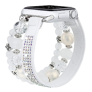 CAGOS Beaded Bracelet Compatible with Apple Watch Band 41mm 38mm 40mm Women, Bling Charm Elastic Scrunchie Dressy Strap for iWatch Bands Series 9/8/7/6/5/4/3/2/1/SE, Pure White