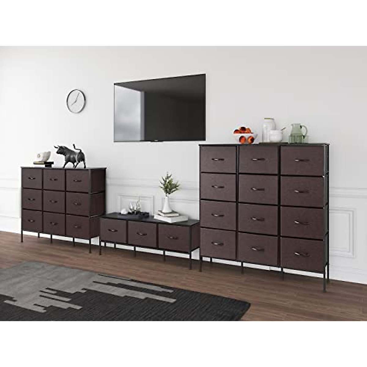 HOMOKUS Drawers Dresser with Large Capacity -Tall Fabric Storage Tower Fabric Dresser Organizer Unit, Sturdy Steel Frame, Wooden Top & Handles, Easy Pull Fabric Bins - 3 Drawers (Brown)