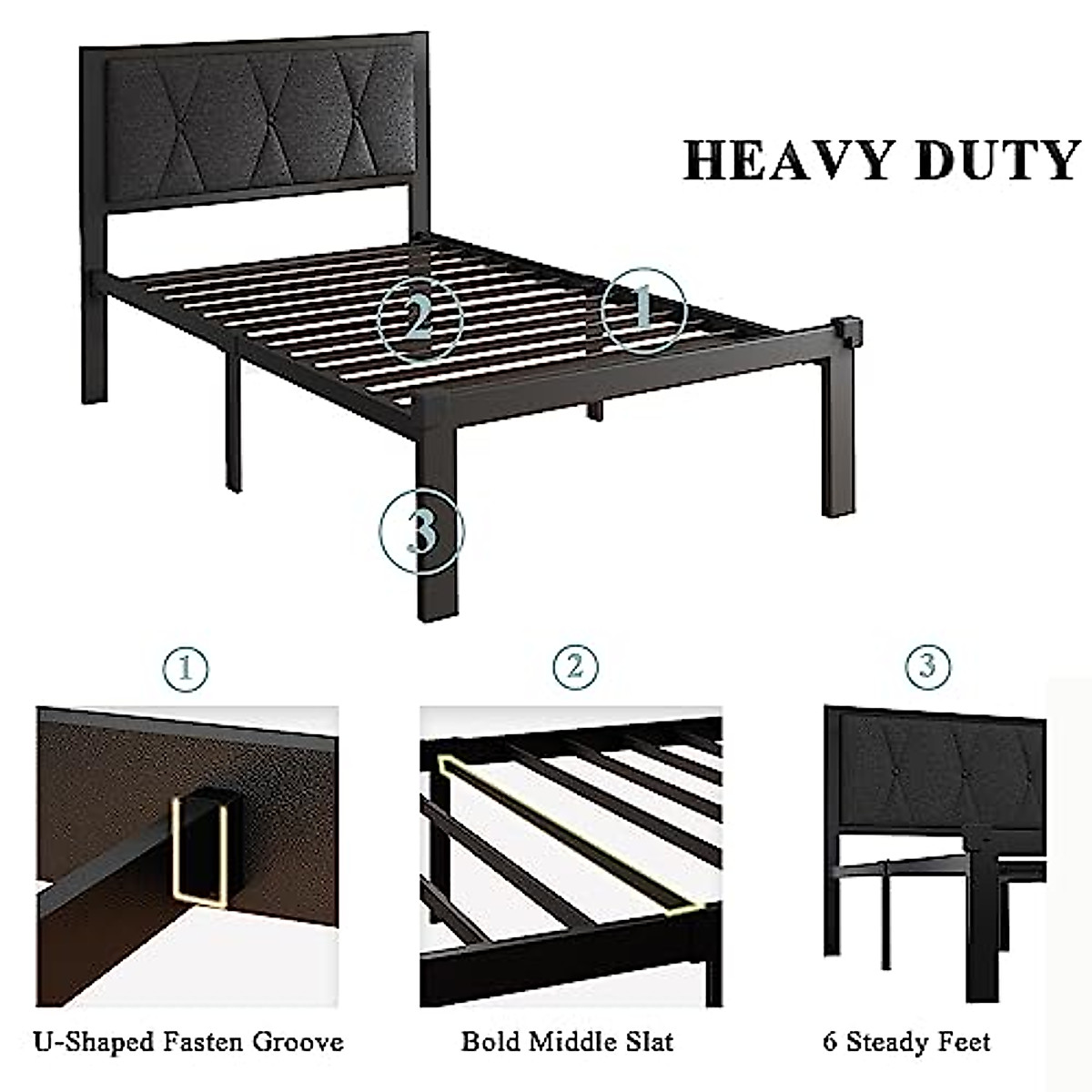 Feonase Twin Size Metal Bed Frame with Fabric Button Tufted Headboard, Platform Bed Frame with Heavy Duty Metal Slats, 12" Storage Space, Noise Free, No Box Spring Needed, Dark Grey