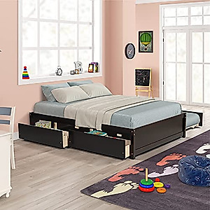 Full Size Bed Frame with Trundle and Storage, Platform Bed with Solid Wood Slat Support, Full Bed Frame with Twin Size Trundle Bed ＆ 2 Storage Drawers, Noise Free, No Box Spring Needed (Espresso)