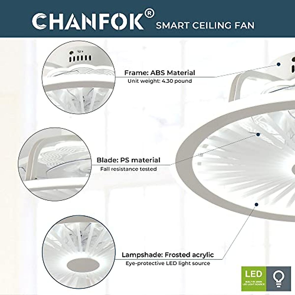 CHANFOK Low Profile Ceiling Fan with Lights, Modern Indoor Flush Mount Ceiling Fan with Remote Control LED Dimming Multi-Speed Invisible Blades Timing 19" (White)