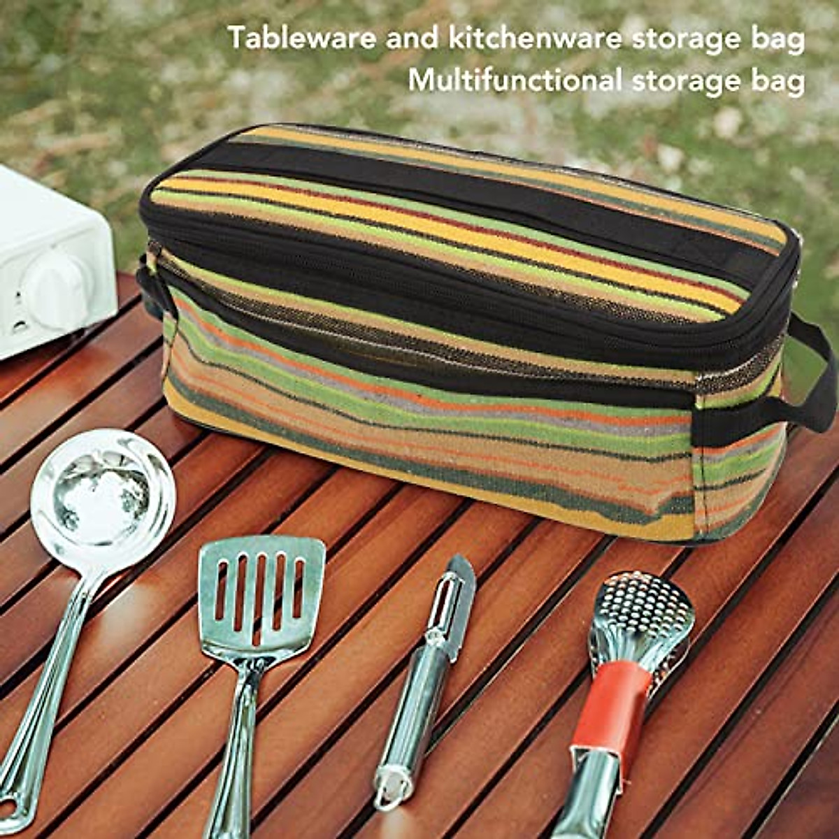 Camping Tableware Storage Bag, Thickened Canvas Green Stripe Camping Utensil Bag Double Handle for Travel