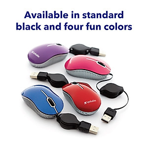 Verbatim Wired Optical Computer Mini USB-A Mouse - Plug & Play Corded Small Travel Mouse with Retractable Cable – Blue 98616