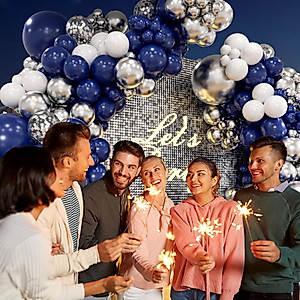 Navy Blue and Silver Balloon Garland Arch Kit, Royal Blue Metallic Silver White Balloons for Birthday Baby Shower Wedding Graduation Party Decorations