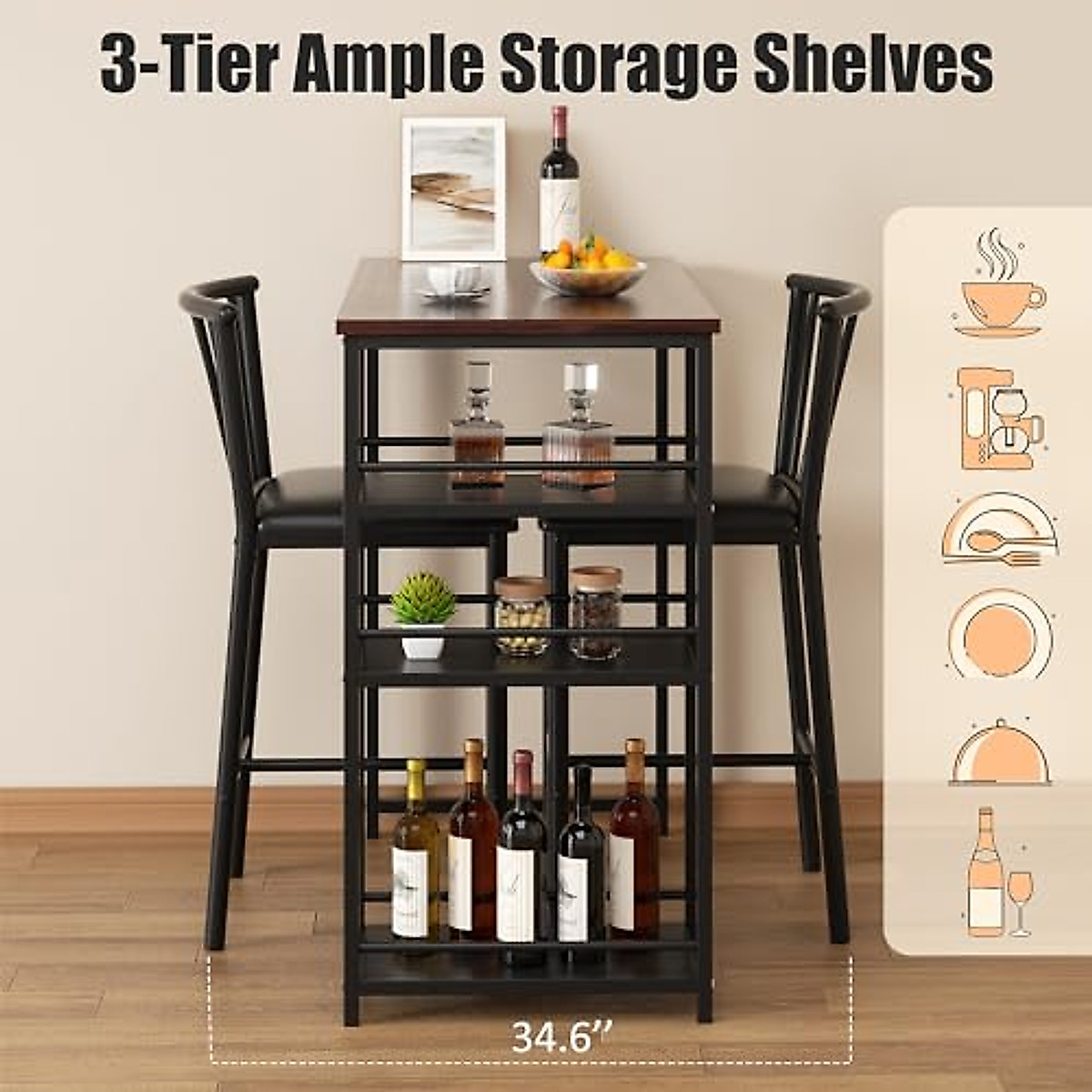 Shintenchi Kitchen Bar Table and Chairs Set of 2, Small Dining Table Set with 2 PU Cushion Bar Stools, 3 Piece Kitchen Dining Set with 3 Storage Shelves for Small Space, Brown