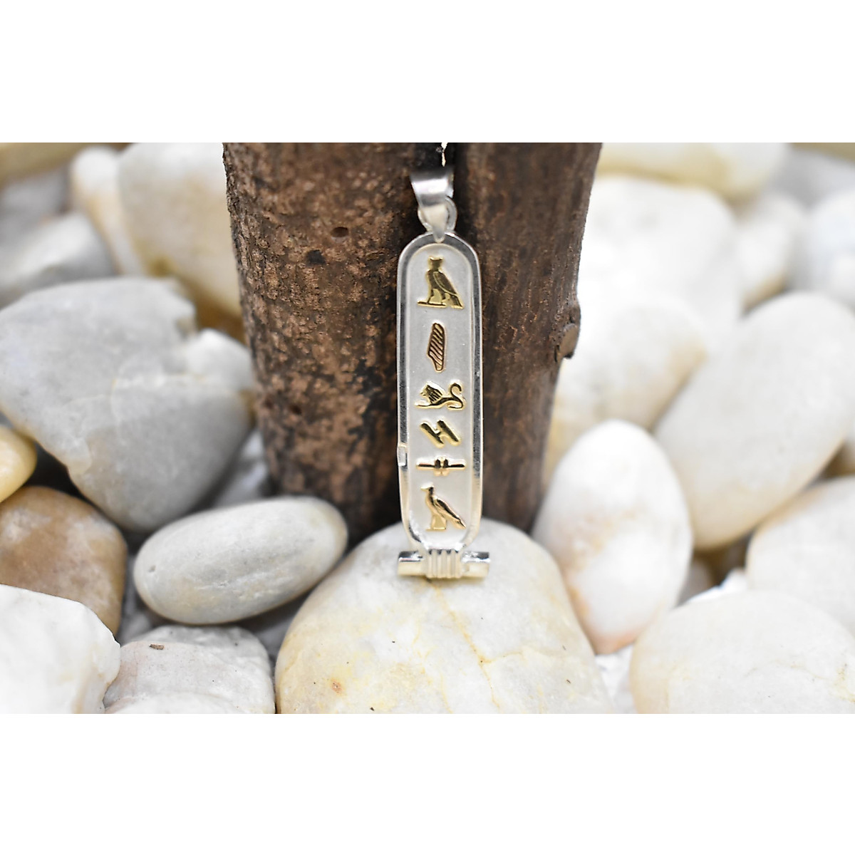 FAMA.store Customize Personalized pendant Egyptian Cartouche Necklace Sterling Silver and 18k gold symbols one Side Translate into Hieroglyphs Handmade in Egypt (1.75 inch (4-5 Letters))