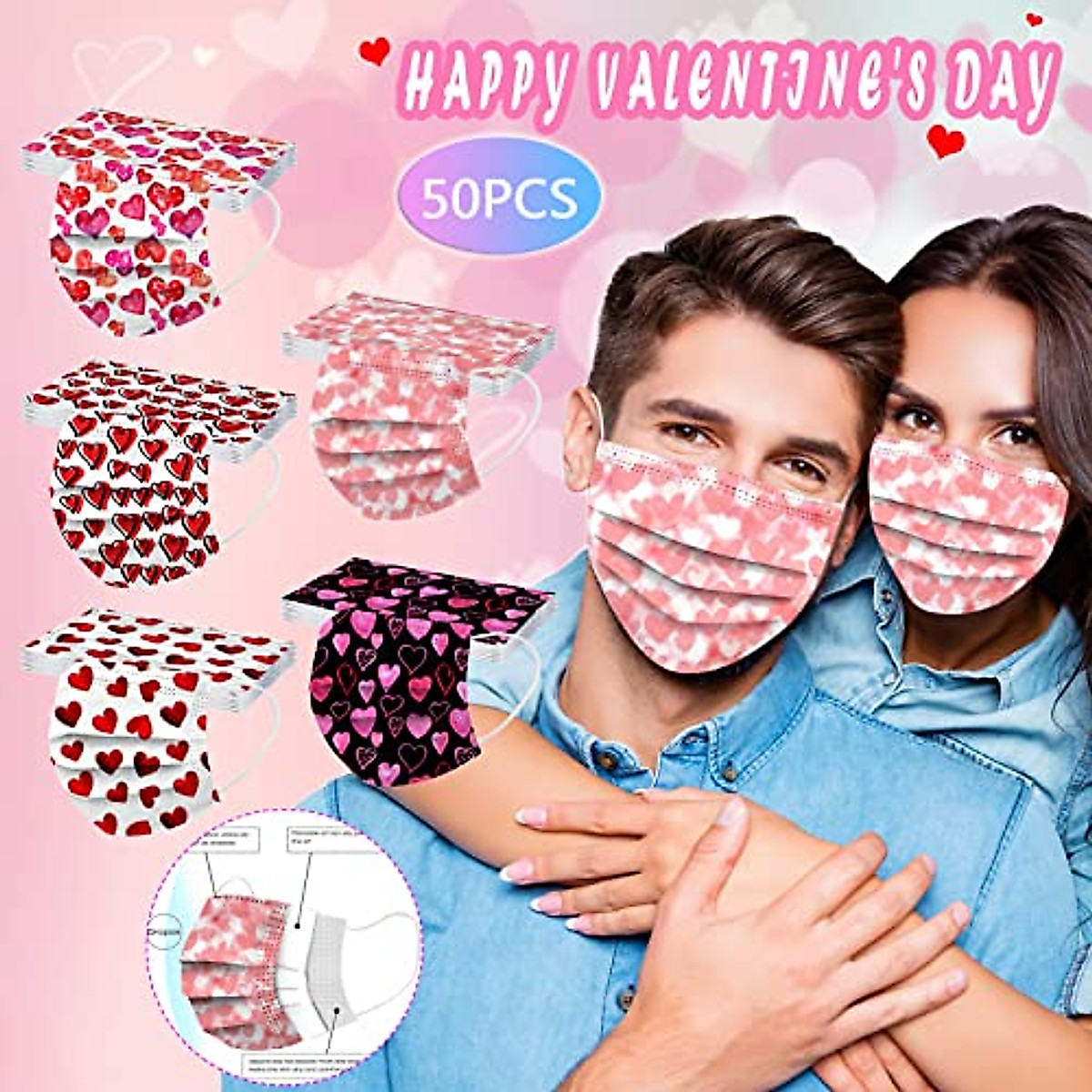 50Pack Holiday Disposable Face_Masks for Women Valentines Day Disposable Women Love Breathable 3 Ply Filter Love Mask