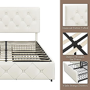 Yaheetech Full Upholstered Bed Frame with 4 Storage Drawers and Adjustable Headboard, Faux Leather Platform Bed Frame with Mattress Foundation, Strong Wooden Slats Support, No Box Spring Needed, Beige