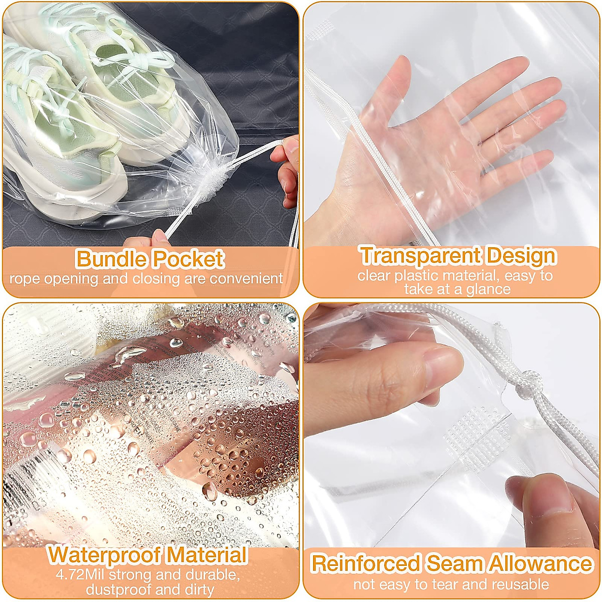 100 Pieces Shoe Bags for Travel, 12 x 16 Inch Large Clear Travel Shoe Bag Packing Drawstring Bags 4.72 Mil Thickness Plastic Waterproof Portable Shoe Bags Organizer Pouch with Rope for Men and Women