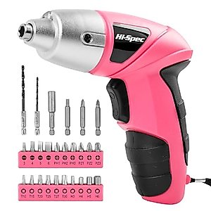 Hi-Spec 27pc 3.6V Pink USB Small Power Electric Screwdriver Set for Women. Cordless & Rechargeable with Driver Bit Set