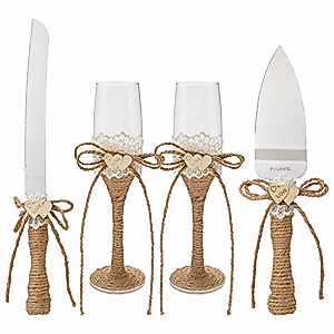 4 Piece Rustic-Style Wedding Cake Knife and Server Set with Champagne Glasses for Bride and Groom, Farmhouse Theme Reception, Country Decorations