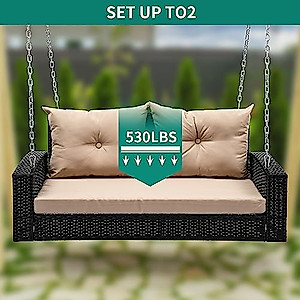 YITAHOME 2-Seats Wicker Hanging Porch Swing Chair Outdoor Black Rattan Patio Swing Lounge w/ 2 Back Cushions Capacity 530lbs for Garden, Balcony, Living Room, Beige