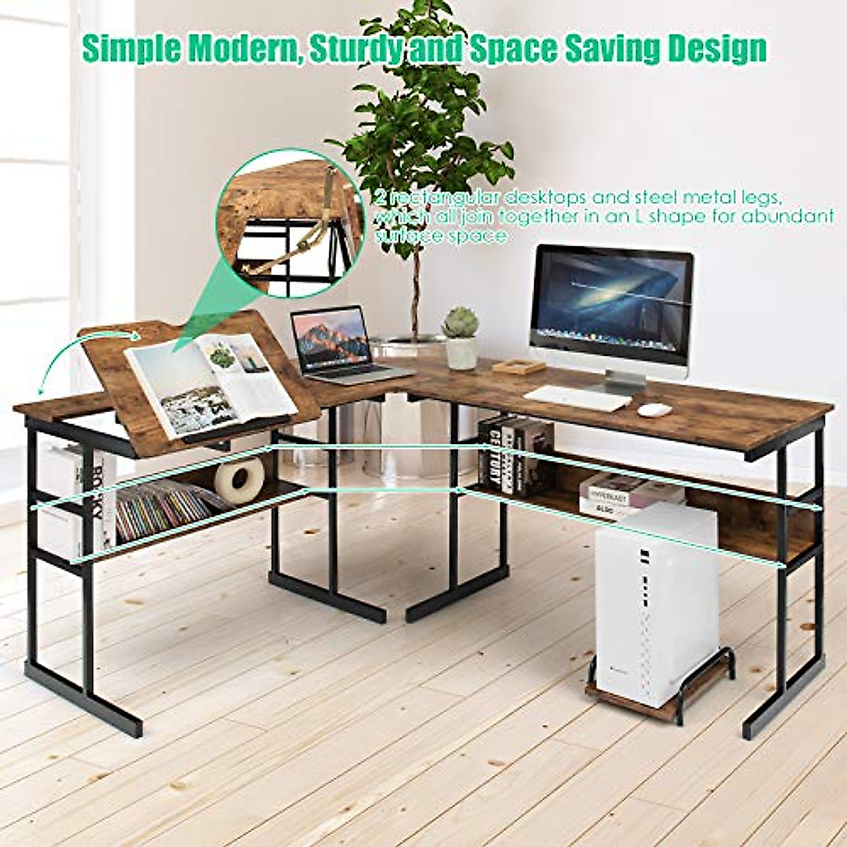Tangkula 67 inches L-Shaped Desk, Corner Computer Desk with Bottom Bookshelves & CPU Stand, Drafting Drawing Table with Tiltable Desktop, Corner Computer Workstation Home Office Desk (Rustic Brown)
