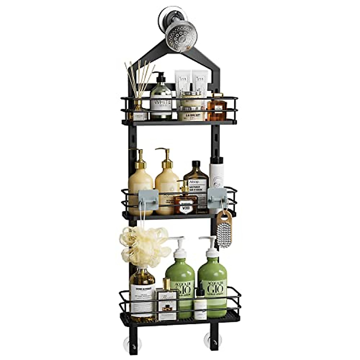 Thideewiz 3 Tier Hanging Shower Caddy Over Shower Head, Anti-Swing Shower Shelf, Adjustable Rustproof Shower Rack, Metal Shower Organizer with Hooks, Black