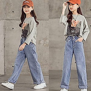 YaYabroe Kids Girls Ripped Jeans Washed Elastic Waist Wide Leg Baggy Pants Size 5-14 Years (Light Blue, 12-13 Years)