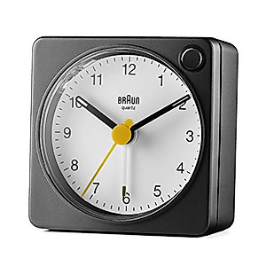 Braun Classic Travel Analogue Alarm Clock with Snooze and Light, Compact Size, Quiet Quartz Movement, Crescendo Beep Alarm in Black and White, Model BC02XBW.