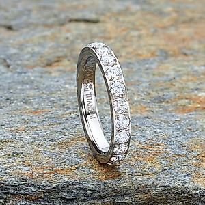 3MM Ladies Titanium Eternity Engagement Band, Wedding Ring with Pave Set Cubic Zirconia Size 8