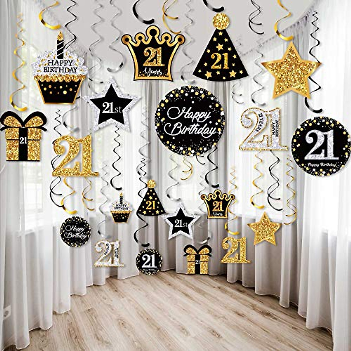 30 Pieces 21st Birthday Party Decorations, 21st Birthday Party Decorative Cards and Hanging Swirls Ceiling Decorations Shiny Celebration Hanging Swirls Decorations for 21st Birthday Party Supplies