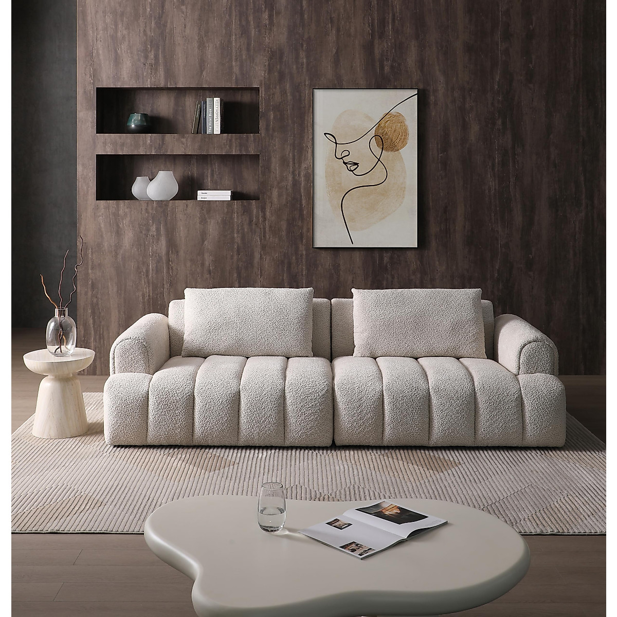 mr.waiba 100" Modular Combination Sofa Modern Minimalist Sofa Sectional Sofa Teddy Velvet Material with 2 Pillows, Large Sofa for Living Room/Office 2024 New Cloud Sofa(Teddy + Beige)