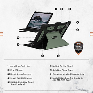 URBAN ARMOR GEAR UAG Designed for iPad Air 10.9 inch Case iPad 5th Generation 2022 Case Green Olive Rugged Smooth Exterior Multi-Angle Viewing Folio w/Pencil Holder Metropolis SE Protective Cover