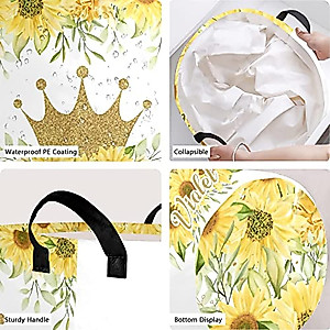 Floral Crown Princess Sunflower Personalized Laundry Basket Hamper,Collapsible Storage Baskets with Handles for Kids Room,Clothes, Nursery Decor