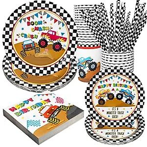 Monster Truck Party Supplies Decorations, Kids Birthday Paper Plates and Napkins Set with Cups and Straws for 24 Guests, 120 Pcs Disposable Party Dessert Dinnerwares