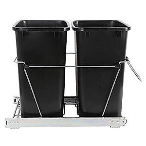 Saicool Pull Out Double Trash Can 35 Quart Metal Sliding System Pullout Shelf for Garbage Bin- Adjustable Under Counter Garbage Can Recycling Bin for Kitchen Cabinets