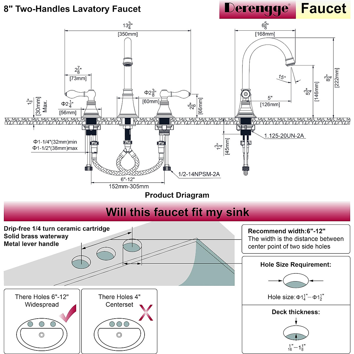 Derengge Matte Black Bathroom Sink Faucet,3 Hole Two Handle Bathroom Faucet with Pop up Drain, 8 Inch Widespread Bathroom Faucet for Bathroom Sink Vanity RV Farmhouse Sink,LF-0285-MT
