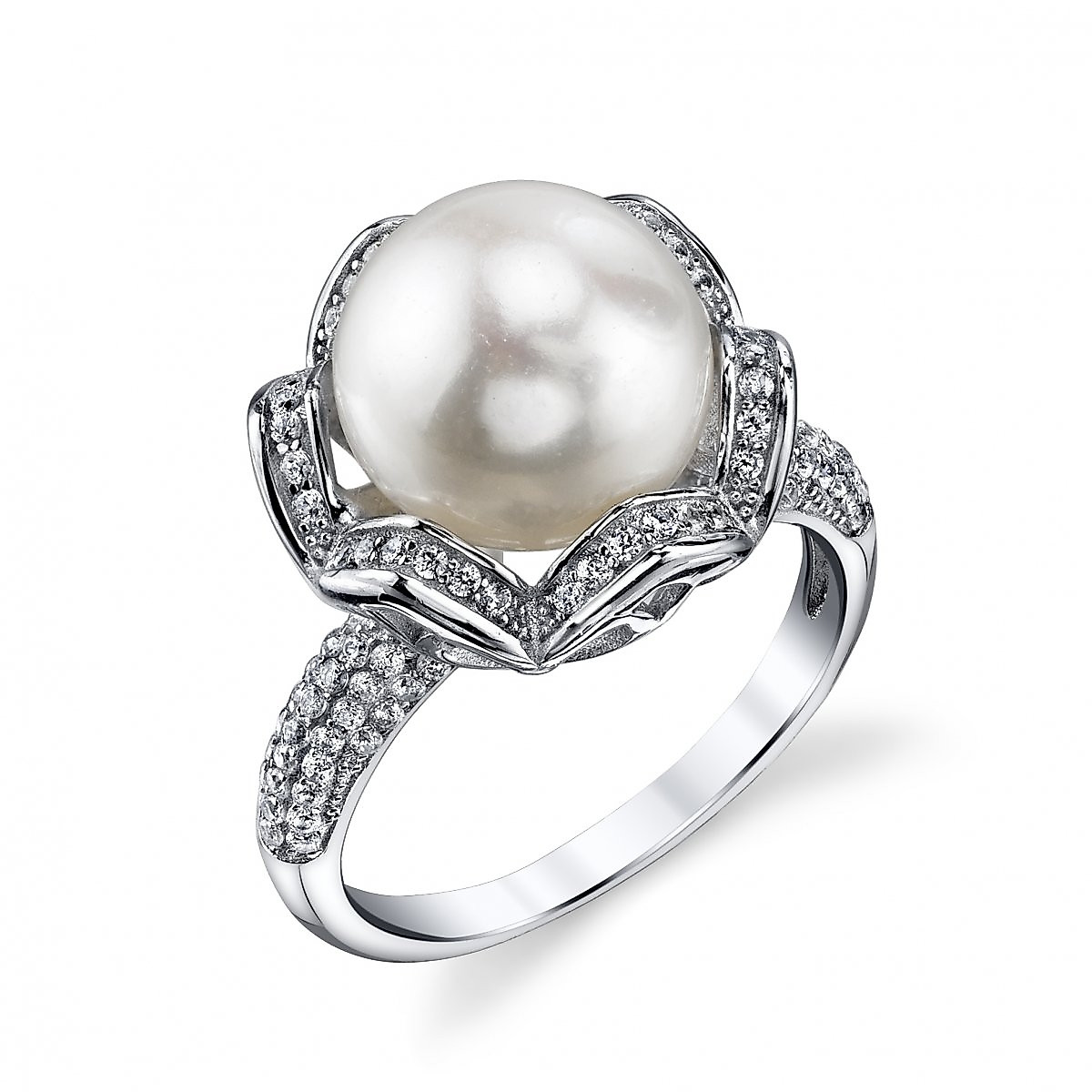 The Pearl Source 11-12mm Genuine White Freshwater Cultured Pearl & Cubic Zirconia Charriot Ring for Women