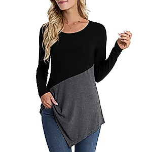 DJT Women's Long Sleeve Tunic Shirts Scoop Neck Hanky Hem Color Block Stretch Casual Fall T Shirt Tops XL Black Heather Grey