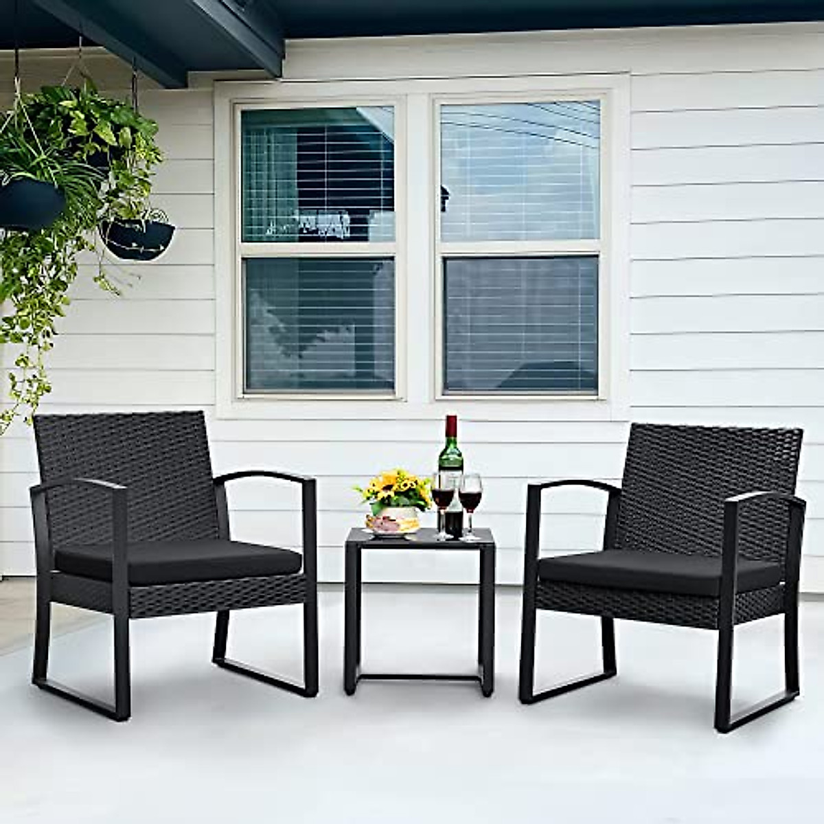JUMMICO Patio Chairs 3 Piece Outdoor Furniture with All Weather Plastic Seat & Metal Frame Patio Conversation Set for Porch, Balcony, Poolside (Black)