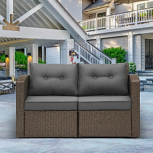 Outdoor Loveseat Patio Furniture Corner Sofa, All-Weather Brown Wicker 2-Piece Rattan Outdoor Sectional Couch Sofa Set with Dark Grey Non-Slip Cushions,Aluminum Frame