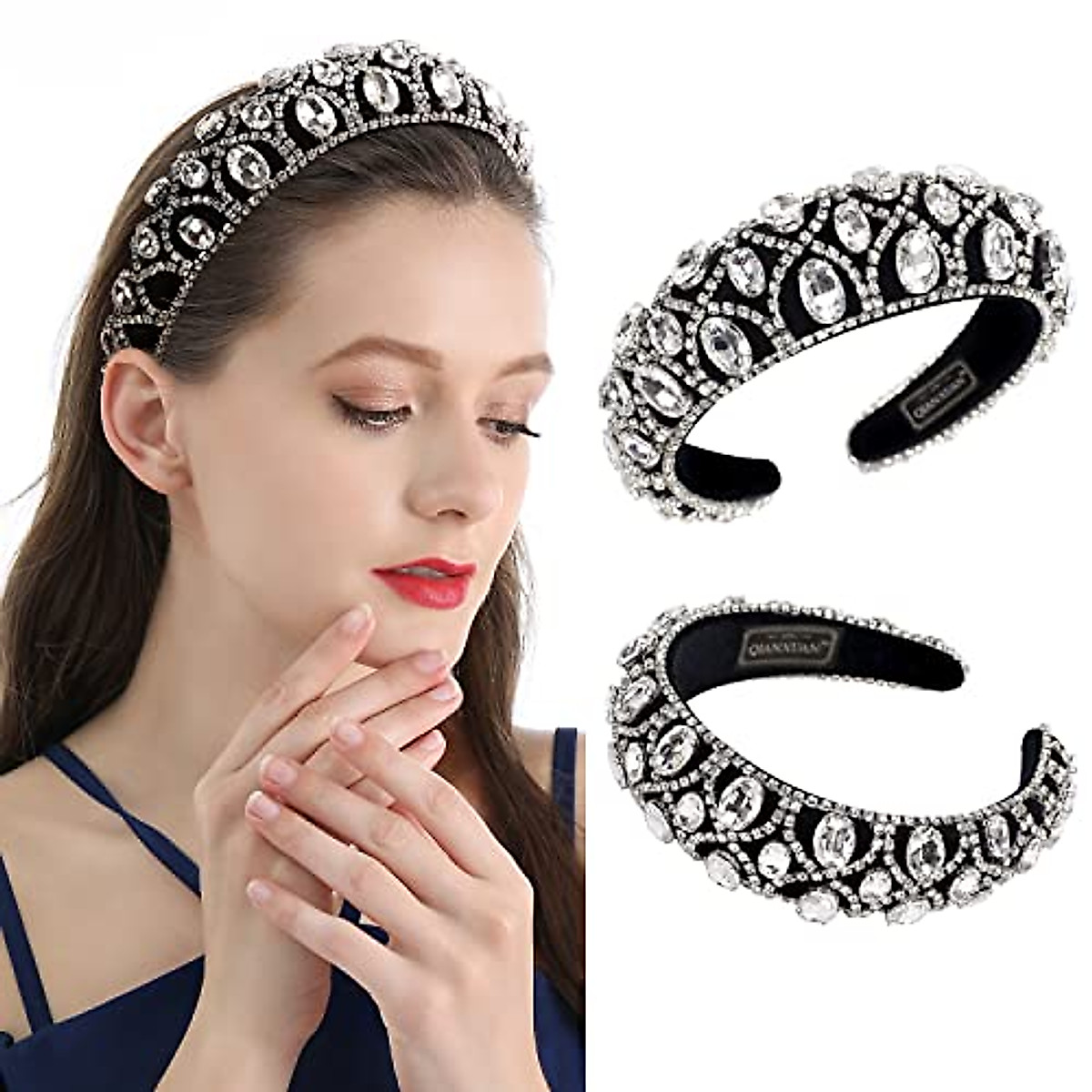 QIANXUAN Crystal Rhinestone Headbands For Women White Pearl Headbands For Girls Padded Headband Black Velvet Jewelry Chain Hairband Handmade Pearly Flower Retro Filling Diamond Hair Accessories