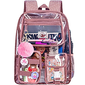 Clear Backpack for Girls Women, Heavy Duty PVC Transparent BookBag, Cute See Through School Bags for Teens Elementary - Pink