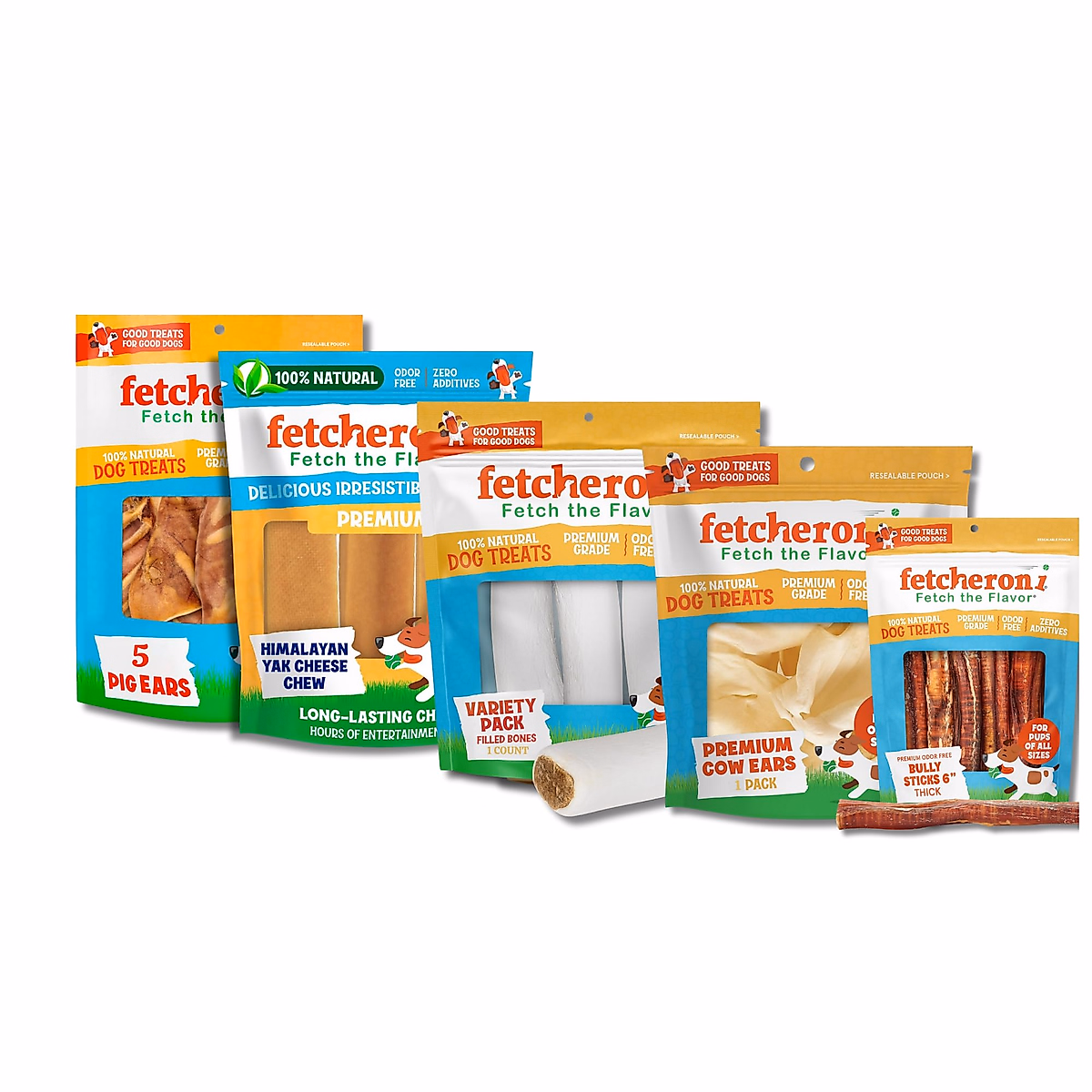 FETCHERONI Dog Treat Variety Box - Variety Box Consists of 5 Pig Ears, 3 Yak Cheese Chews, 3 Bully Sticks, 2 Cow Ears, and 1 Dog Bone - Long Last Dog Chew Treats - All Treats are 100% Natural