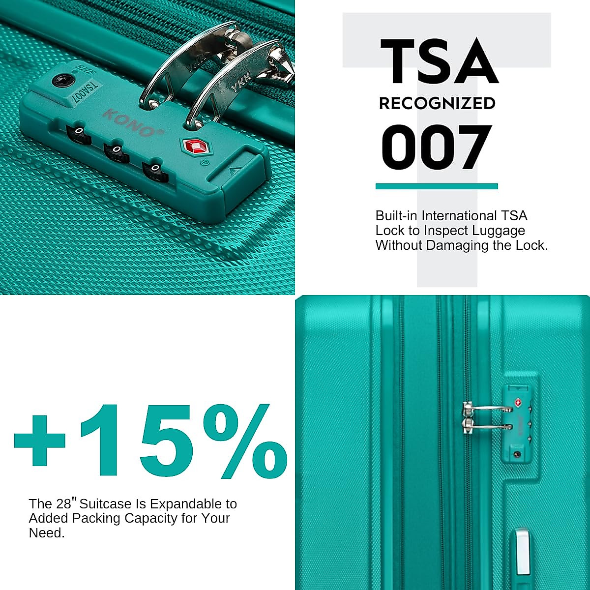 Kono 4 Piece Luggage Sets Expandable(only 28") Lightweight with Spinner Wheels TSA Lock Hardside Travel Rolling Suitcases 20in 24in 28in Carry on and 12in Mini Cosmetic Case Turquoise