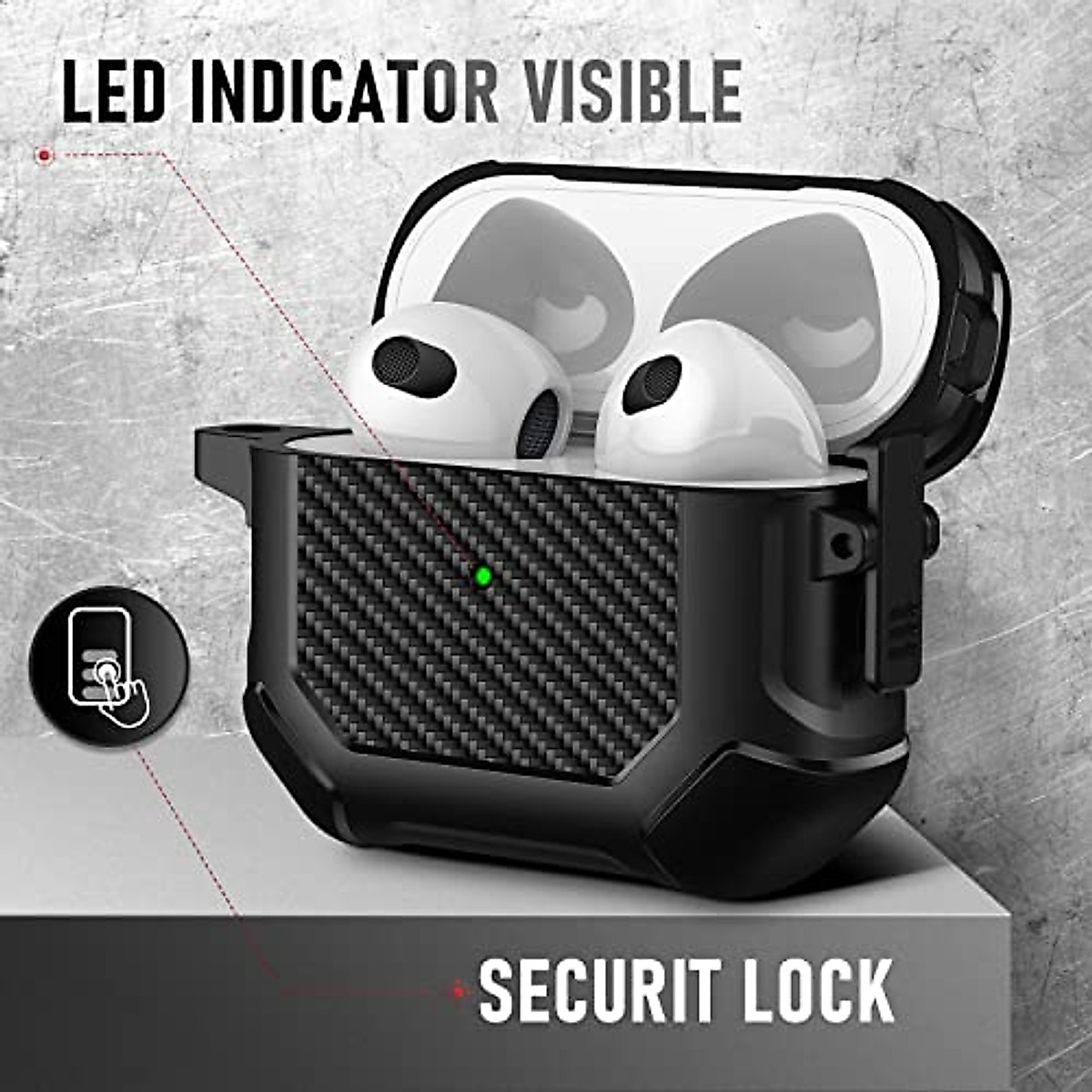 Maxjoy for for Airpods 3rd Generation Case, Carbon Fiber Secure Lock Clip Full Body Shockproof Hard Shell Protective Apple for Airpods 3 Case Cover with Keychain for AirPod 3rd Gen 2021 for Men, Black