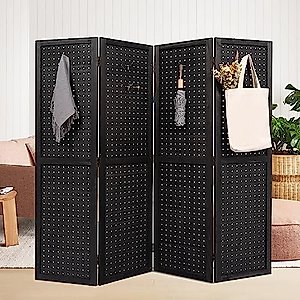JVVMNJLK 4-Panel Pegboard Display Room Divider, Wood Folding Privacy Screen Freestanding Display Board Organizer for Retail, Craft Show, Art Display，Black