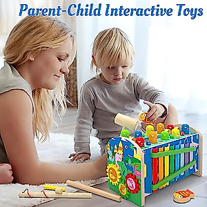 SILERUR 8 in 1 Wooden Montessori Toys for 1 2 3 4 Year Old Boys Girls Whack a Mole Game Hammering and Pounding Toys with Xylophone Fishing Game Toddlers Educational Developmental Learning Toys Gifts